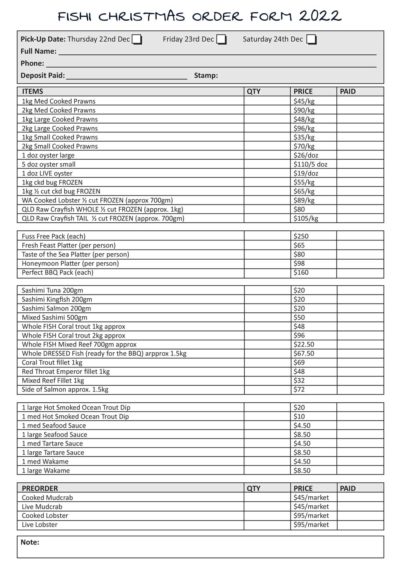 Christmas Order Form 2022 - FISHI